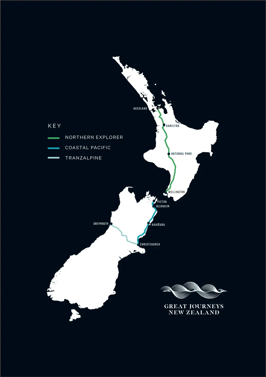 KiwiRail brand toolkit - Map of three train journeys