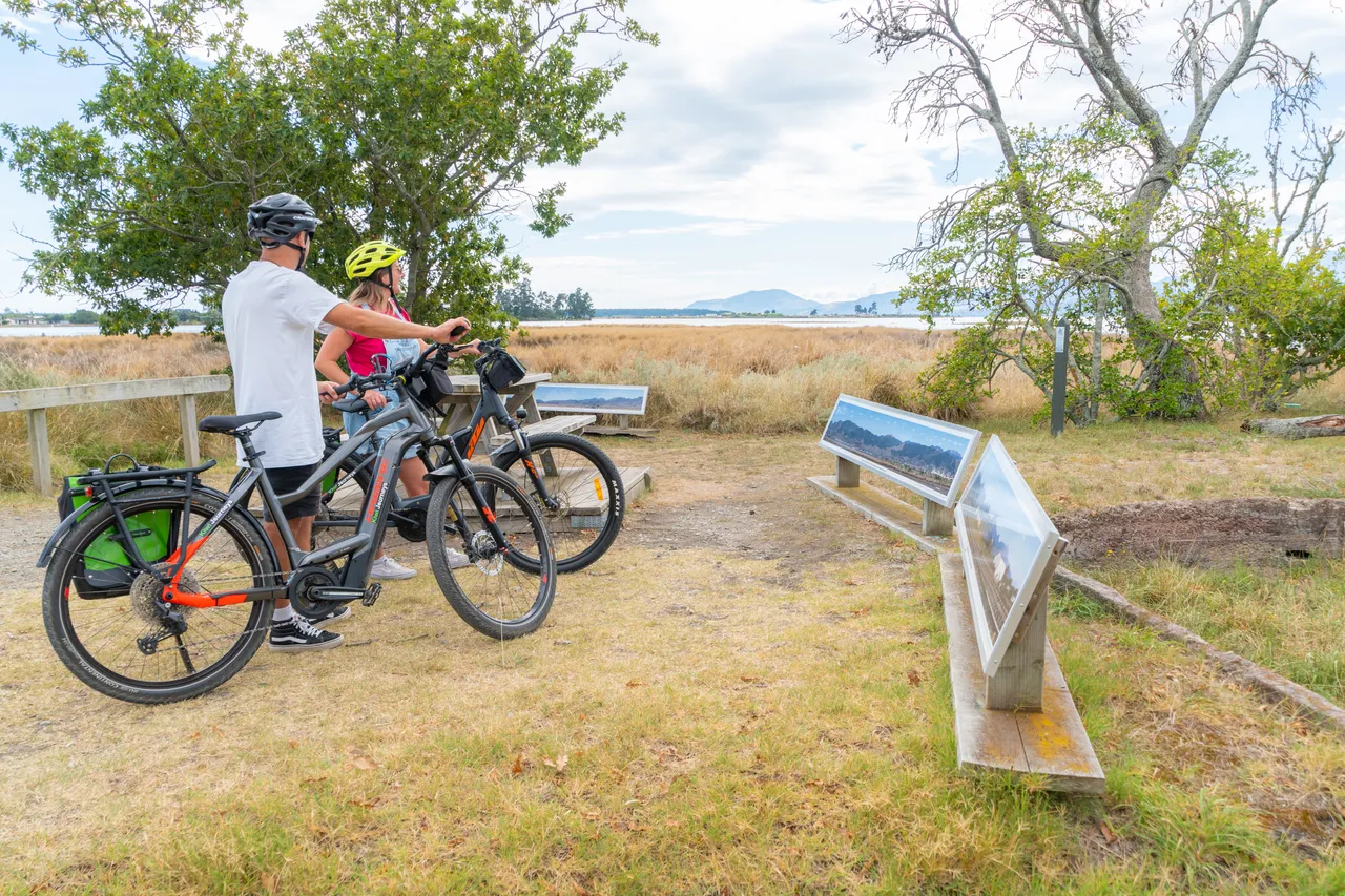 Cyclists Looking out at Waimea Inlet on Tasman's Great Taste Trail